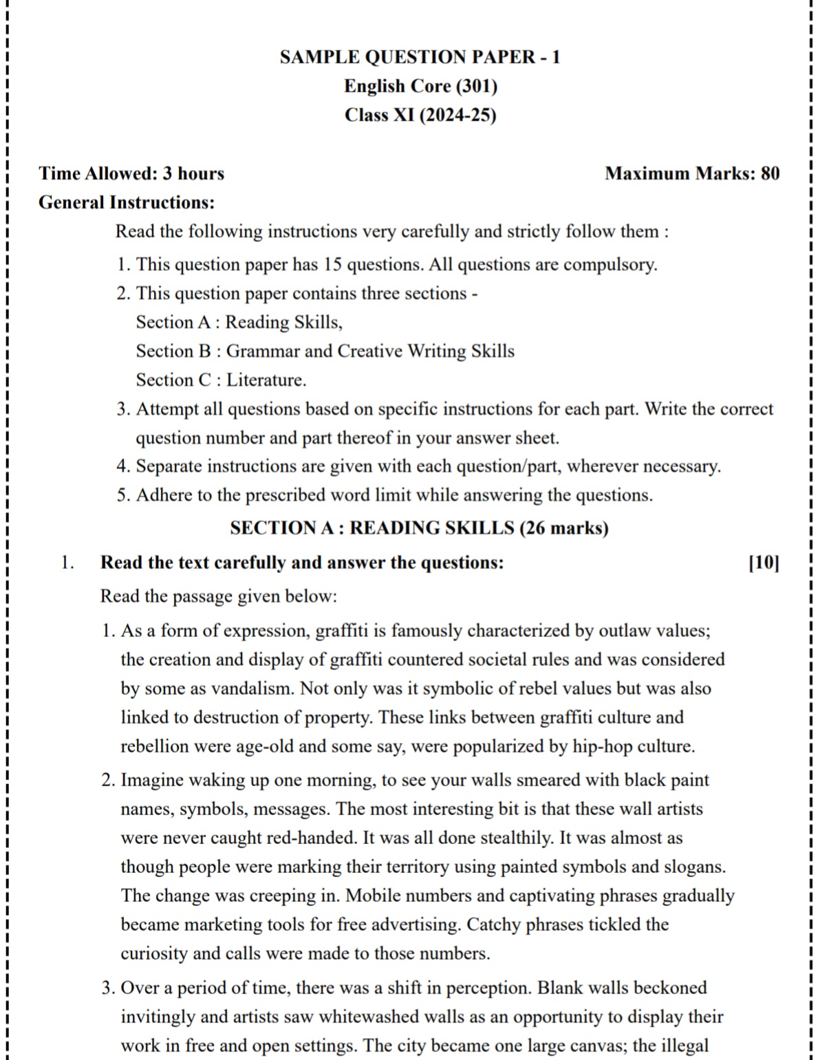 SAMPLE QUESTION PAPER - 1English Core (301)Class XI (2024-25) - English ...